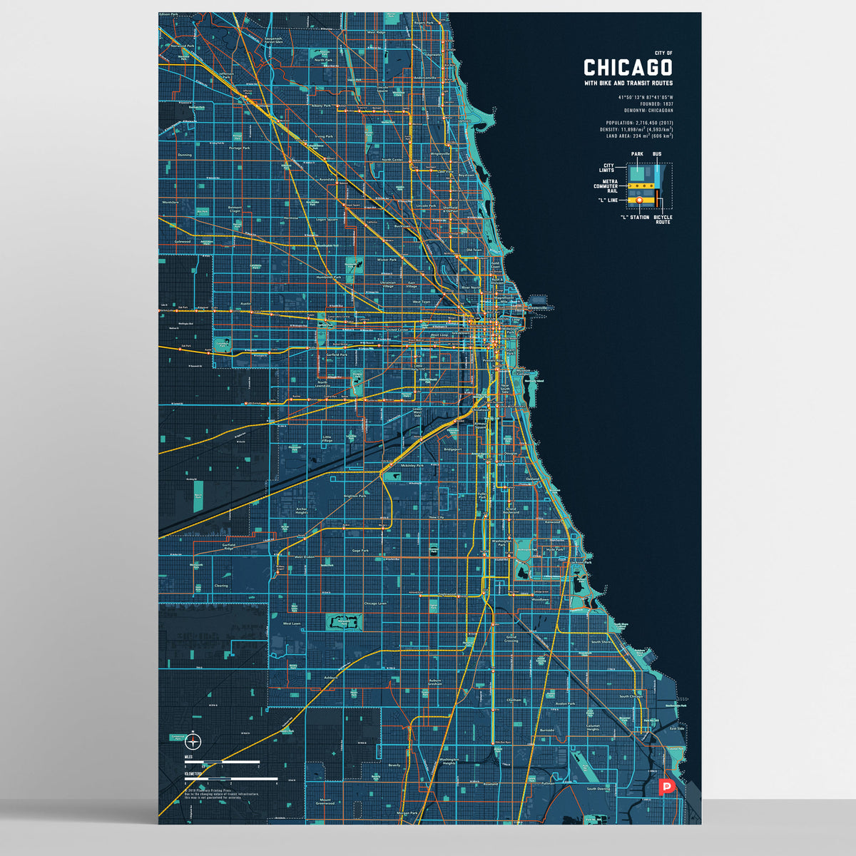 Chicago Bike & Transit Map (Midnight Blue) – Planetary Printing Press