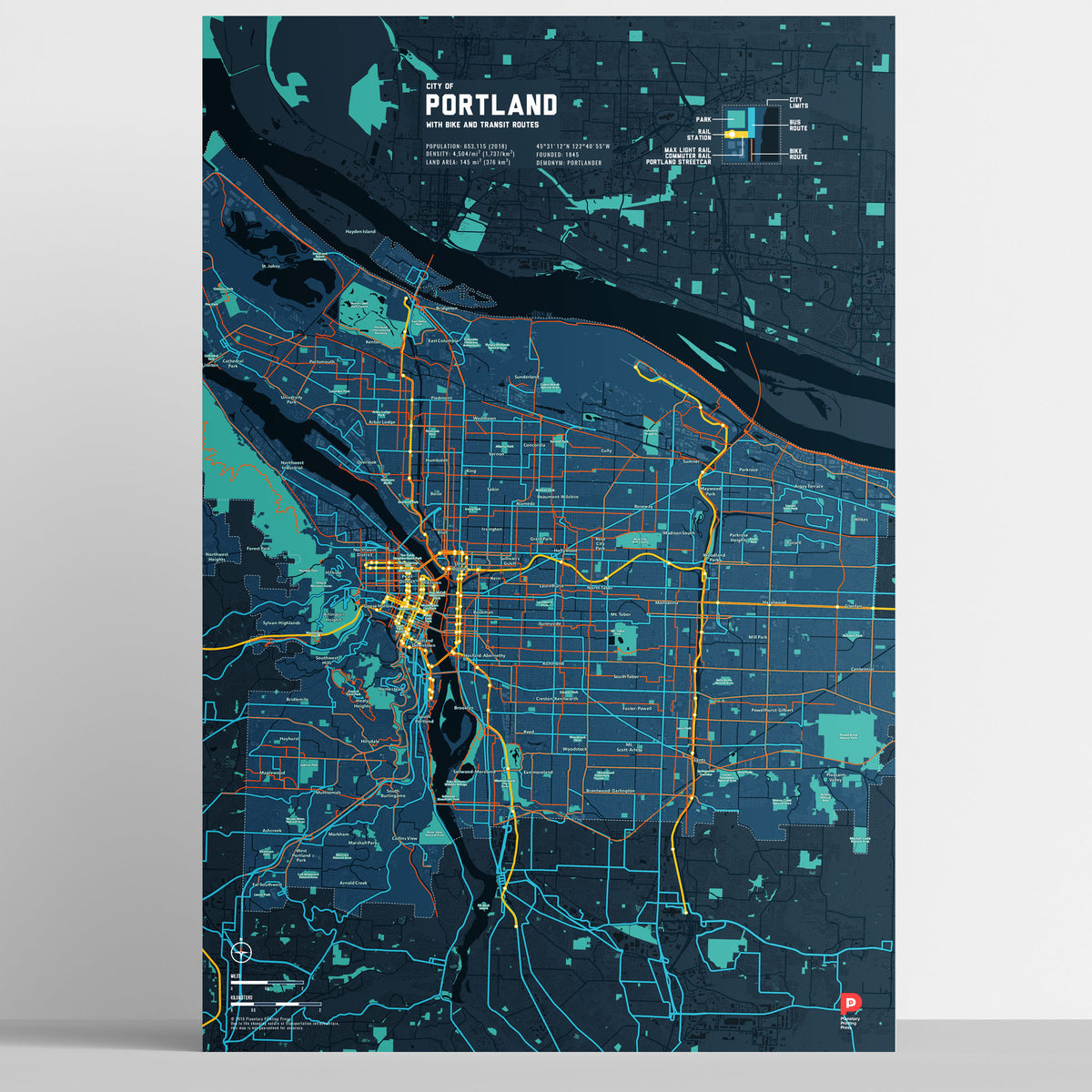 Portland Bike & Transit Map (Midnight Blue) – Planetary Printing Press