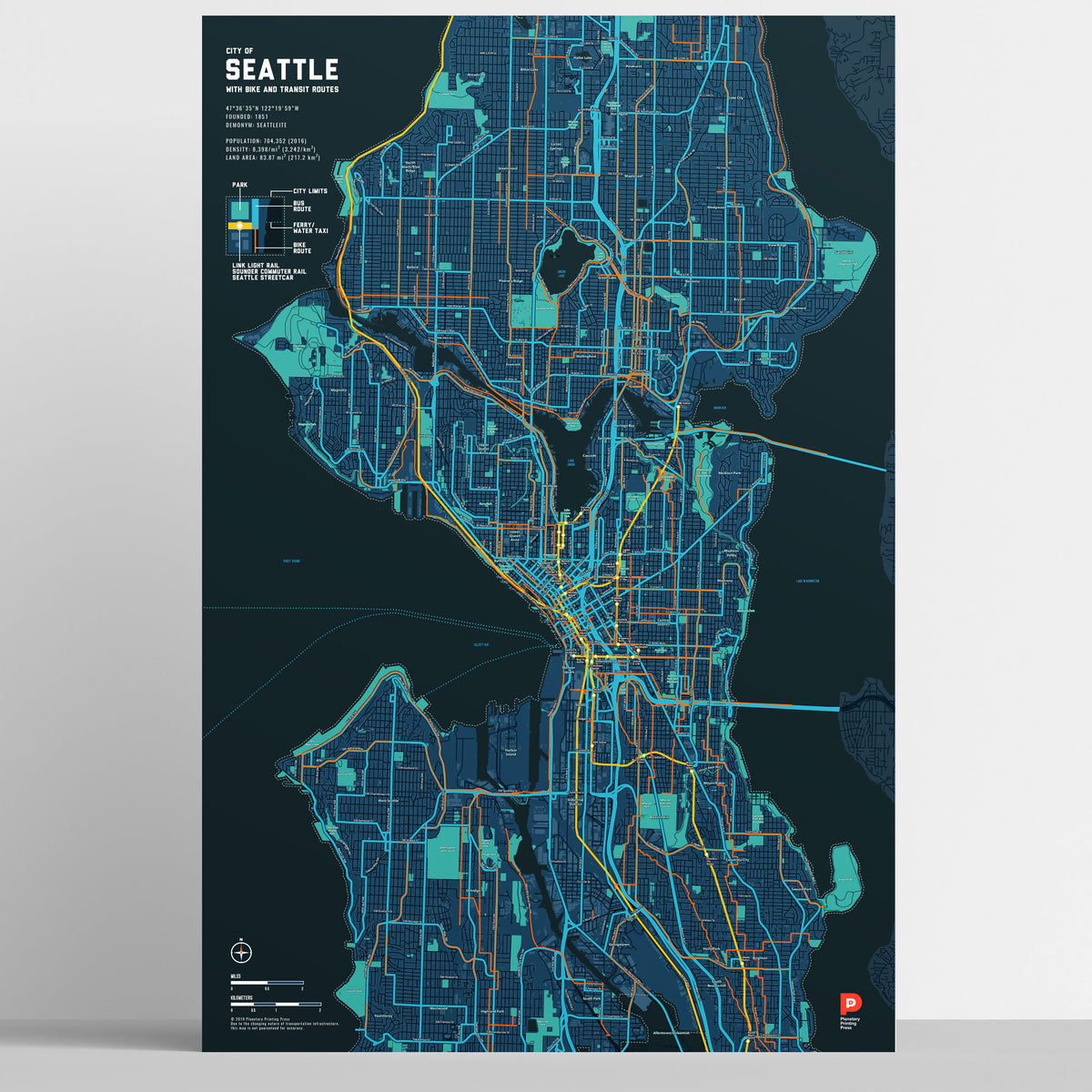 Seattle Bike & Transit Map (Midnight Blue) – Planetary Printing Press